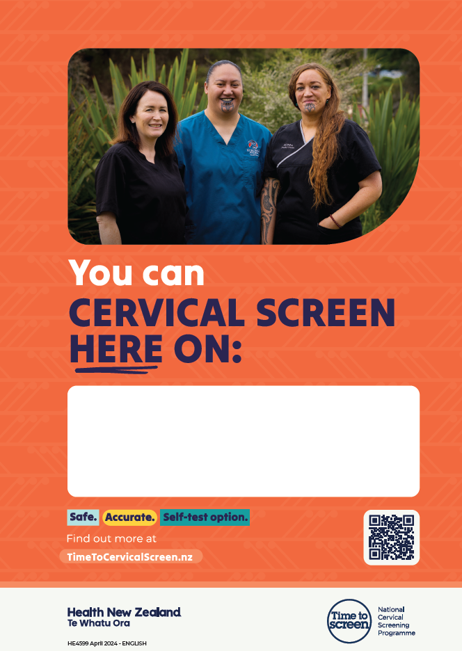 Cervical screening: screening clinic here A4 portrait HE4599 – HealthEd