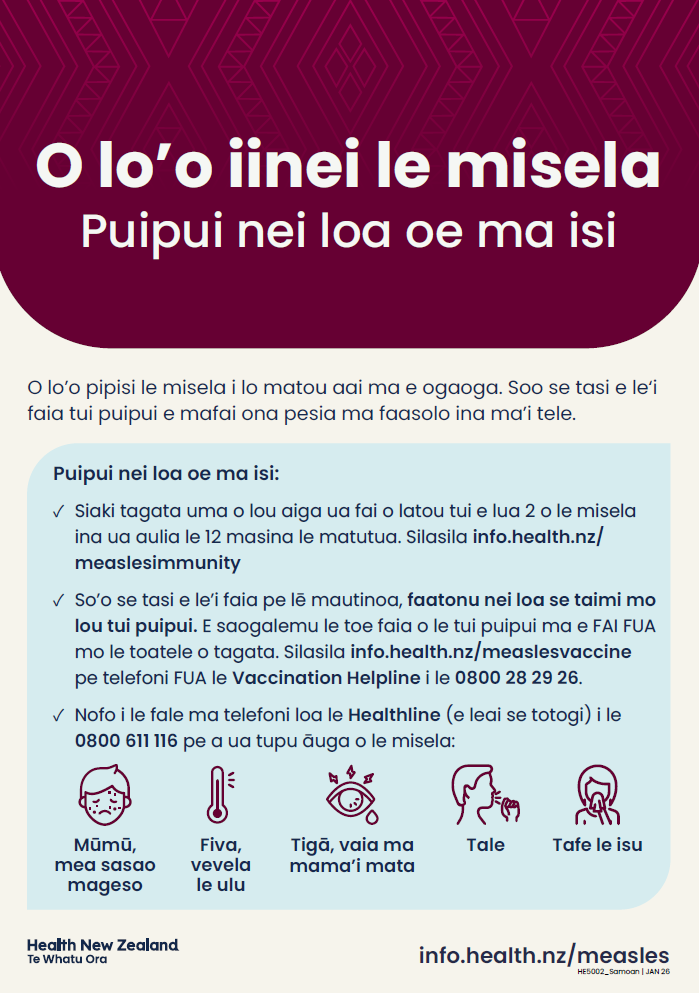 Measles is here - A4 poster - Samoan - HE5002 – HealthEd