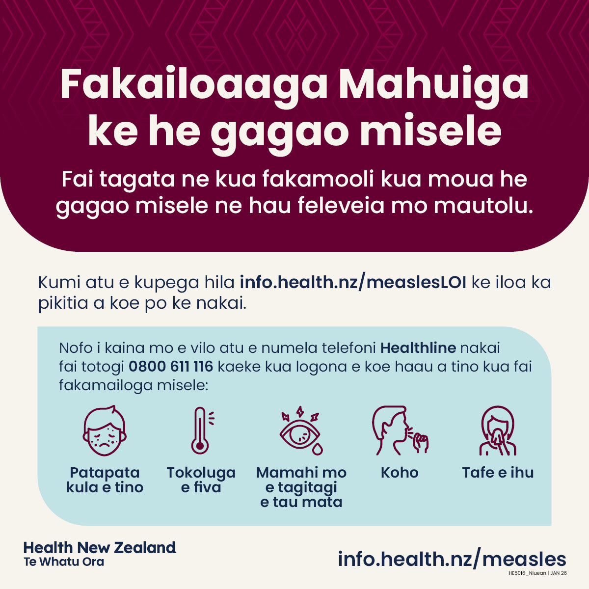 Measles alert - social tile - Niuean - HE5016 – HealthEd