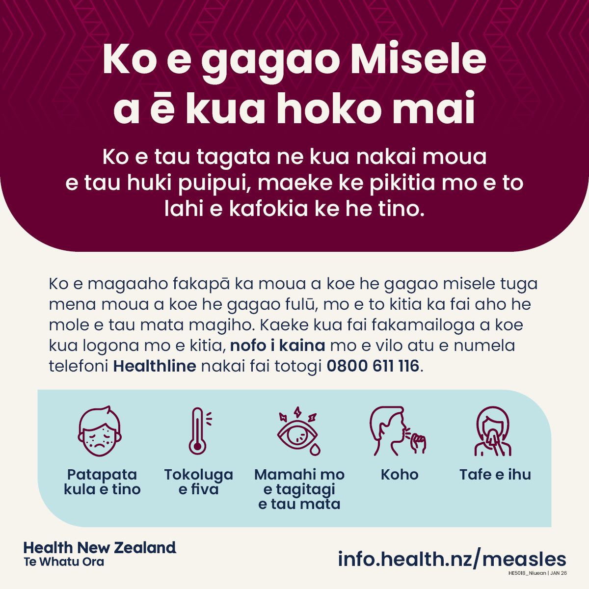 Measles is here - social tile - Niuean - HE5018 – HealthEd