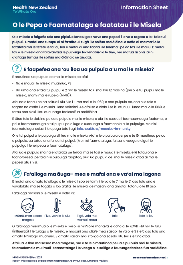 Measles - information sheet - Samoan - HE8101 – HealthEd