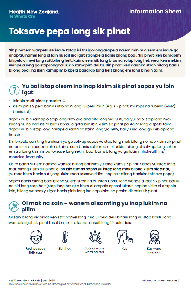 Measles - information sheet - Tok Pisin - HE8117 – HealthEd