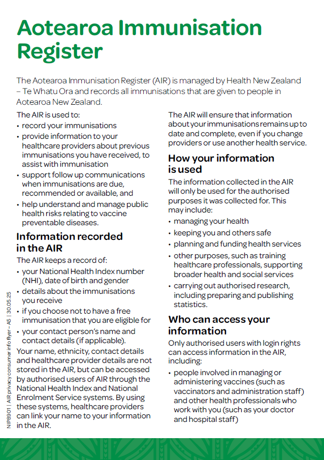 Aotearoa Immunisation Register information flyer - NIP8901 – HealthEd